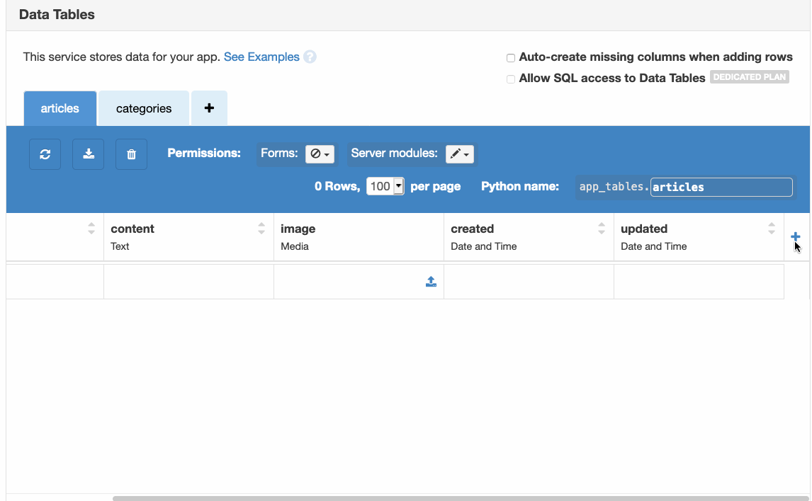Create a Categories table